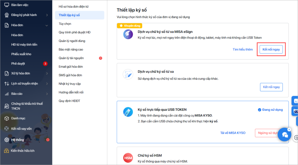 Thiết lập ký số thông qua chữ ký số từ xa MISA eSign - Help meInvoice
